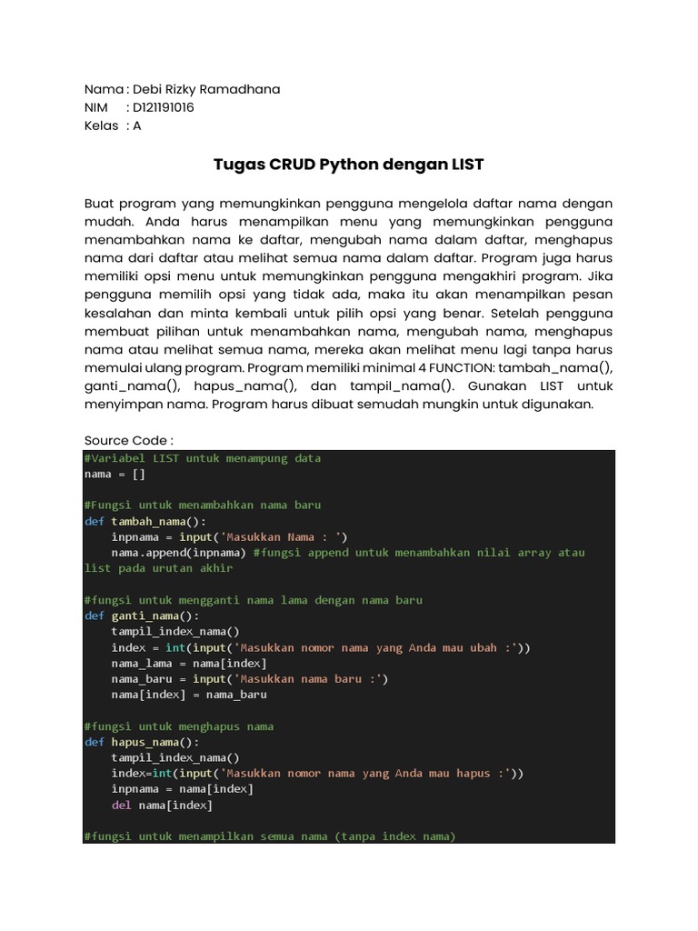 Tugas CRUD Python Dengan LIST | PDF