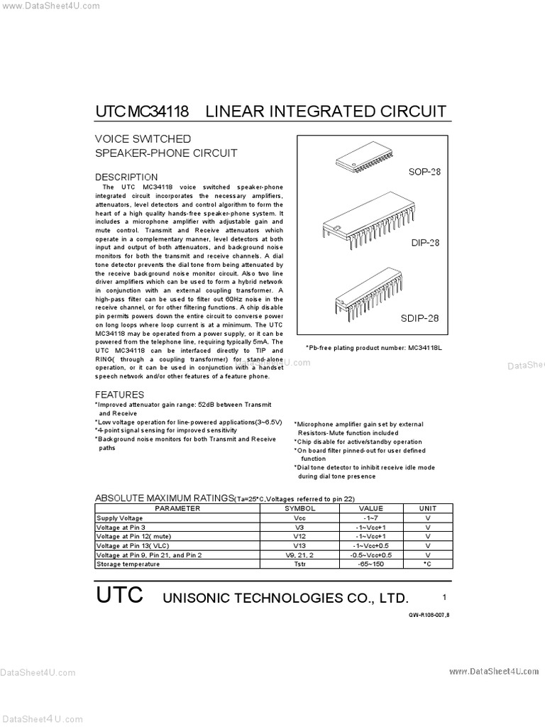 UTC MC34118 Linear Integrated Circuit: Voice Switched Speaker-Phone Circuit | PDF | Amplifier ...
