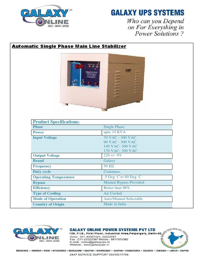 Automatic Single Phase Main Line Stabilizer: Product Specifications | PDF