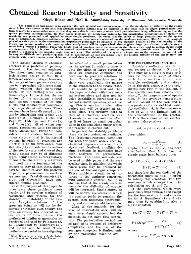 Chemical Reactor Stability and Sensitivity | PDF | Stability Theory ...