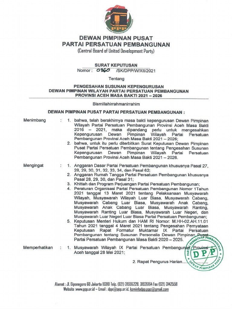 SK DPW PPP Provinsi Aceh 2021-2026 | PDF