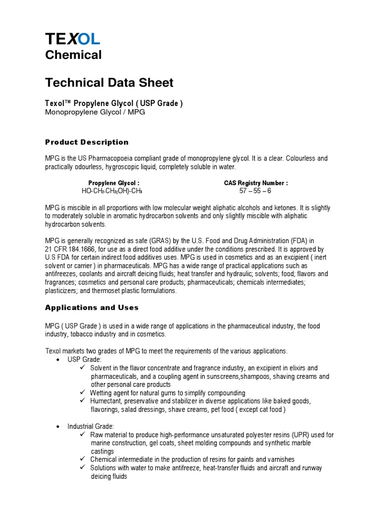 Chemical Technical Data Sheet: Texol™ Propylene Glycol (USP Grade ...