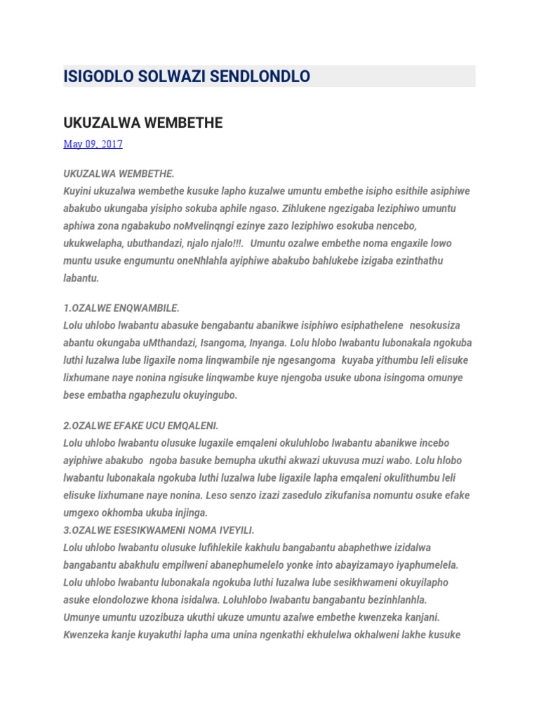 Isigodlo Solwazi Sendlondlo: Ukuzalwa Wembethe | PDF | Wellness