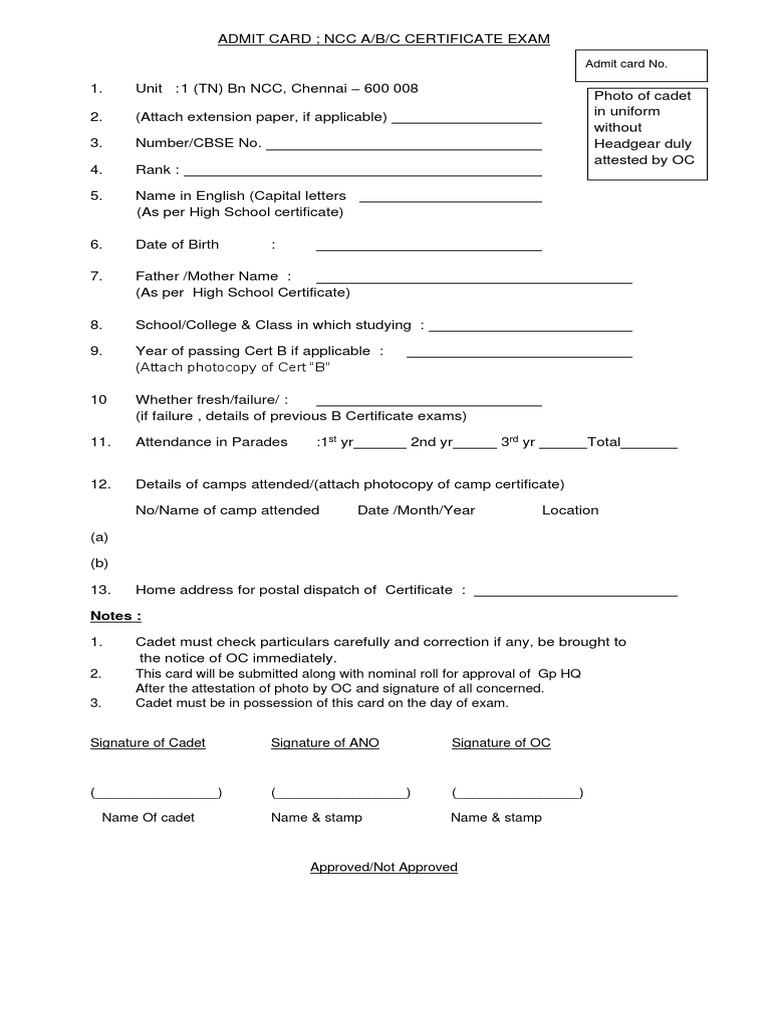 Admit Card for the NCC A/B/C Certificate Examination Providing Details ...