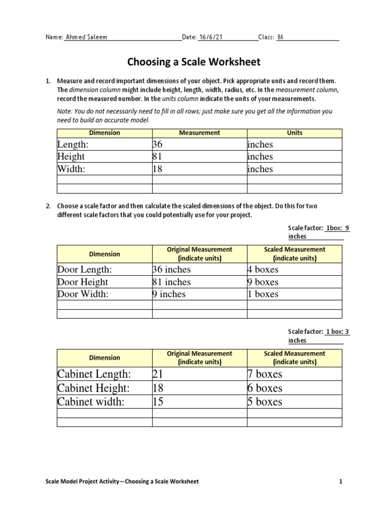 Choosing A Scale Worksheet: Length: 36 Inches Height 81 Inches Width ...
