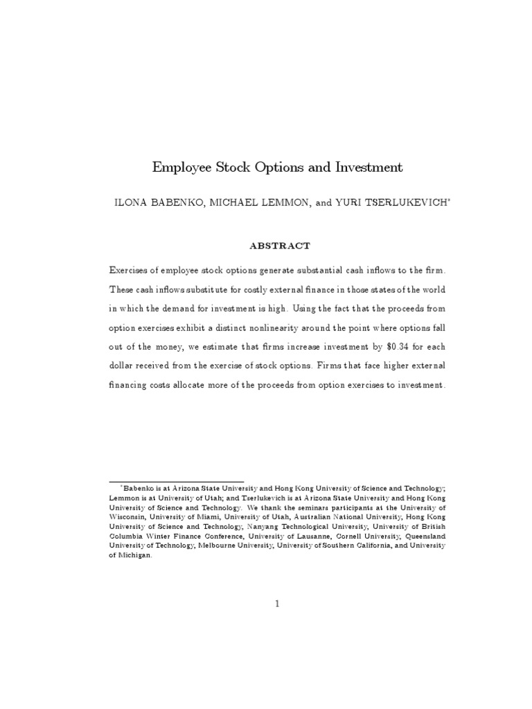Employee Stock Options and Investment: Ilona Babenko, Michael Lemmon ...