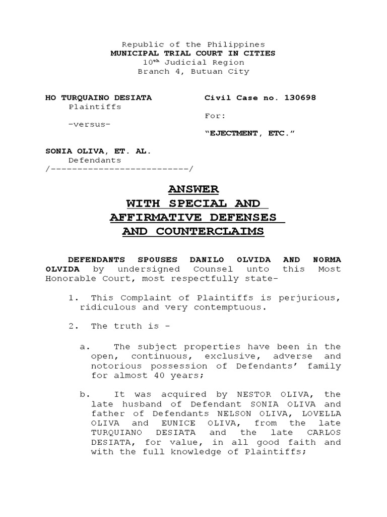 Answer With Special and Affirmative Defenses and Counterclaims | PDF ...