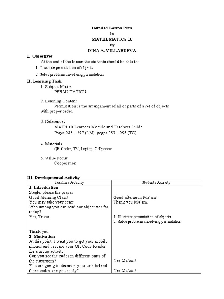 Detailed Lesson Plan in Mathematics 10 by Dina A. Villabueva I ... Detailed Lesson Plan in Mathematics 10 by Dina A. Villabueva I ...