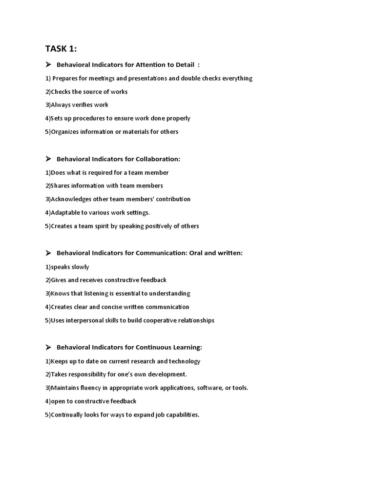 Task 1:: Behavioral Indicators For Attention To Detail | PDF | Goal ...