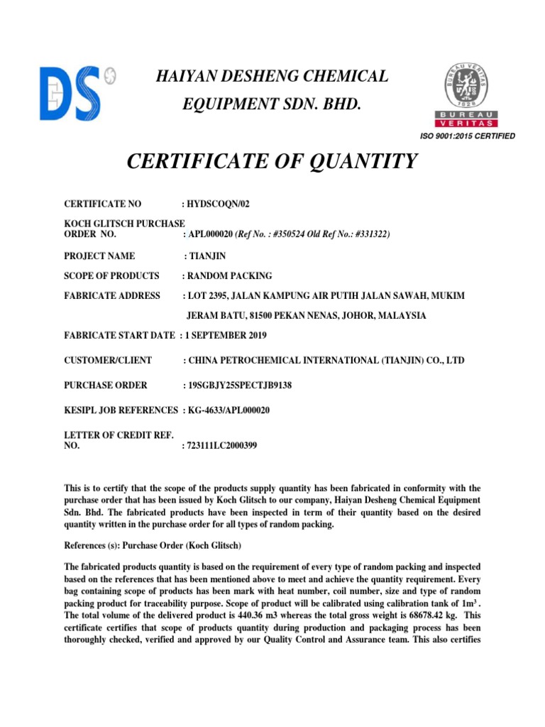 Certificate of Quantity for Random Packing | PDF | Business Process ...