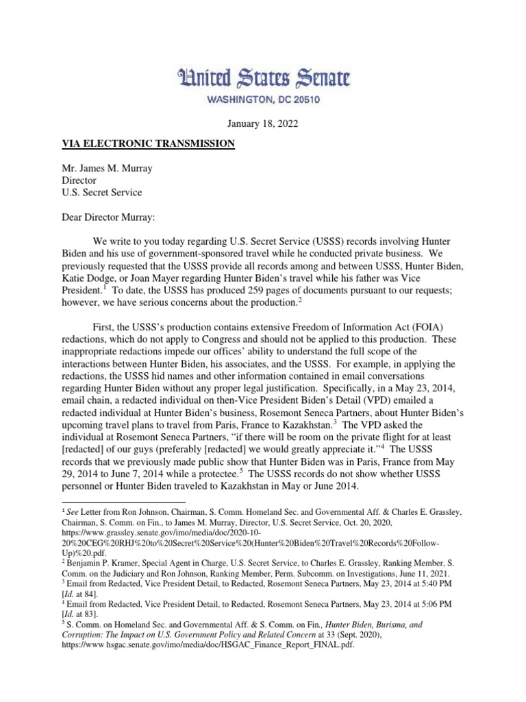 Grassley and Johnson - Letter To Secret Service - Hunter Biden | PDF ...