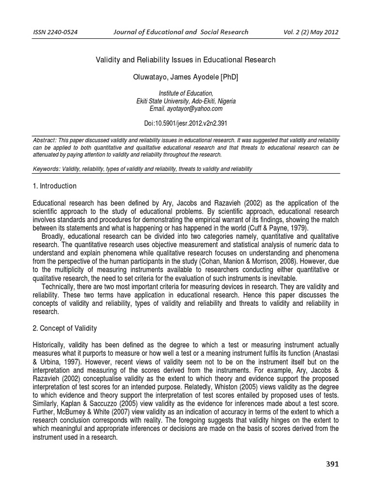 Validity and Reliability Issues in Educational Research: Oluwatayo, James Ayodele (PHD) | PDF ...