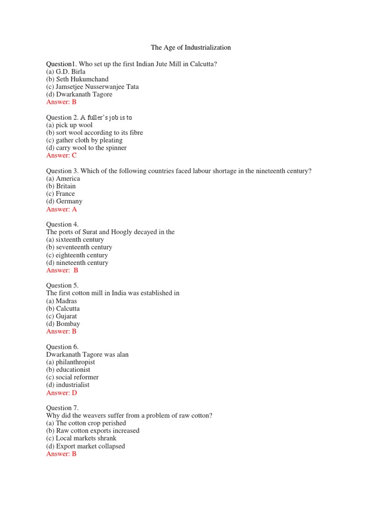 Industrialization Quiz: Key Facts | PDF | Weaving | Spinning (Textiles)