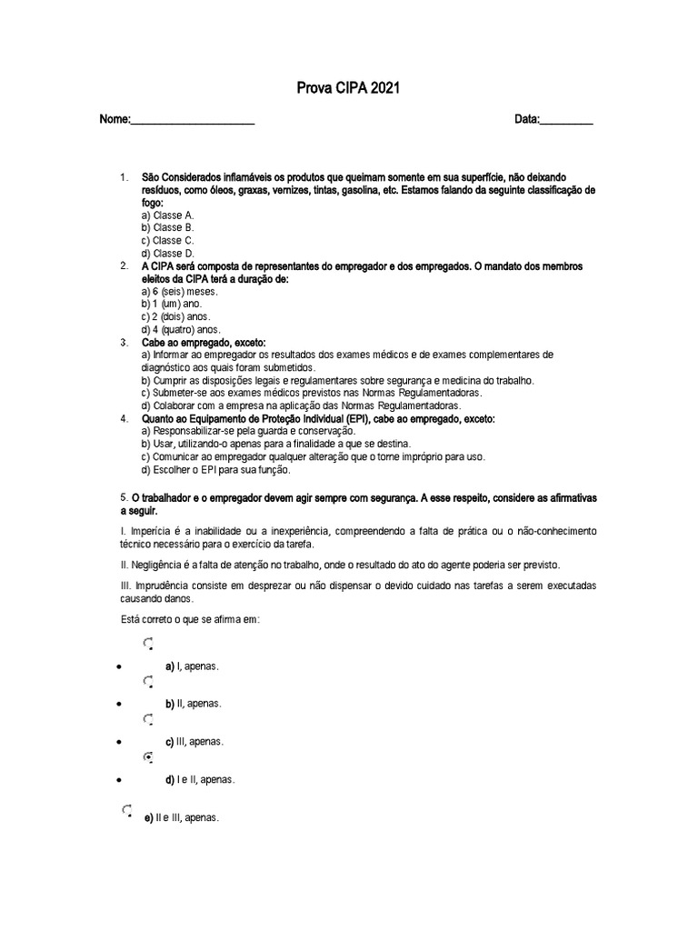 Prova CIPA 2021 | Download grátis PDF | Ciências da Saúde