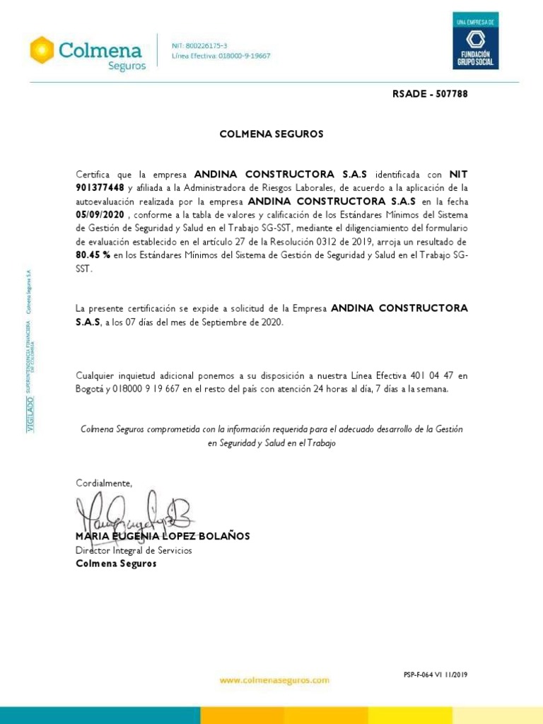 Rsade - 507788 Certificación Avance SG SST - Andina Constructora | PDF
