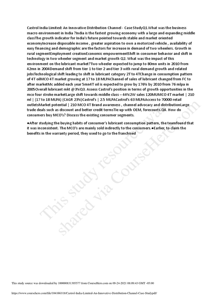 Castrol India Limited An Innovative Distribution Channel Case Study PDF | PDF | Economies ...
