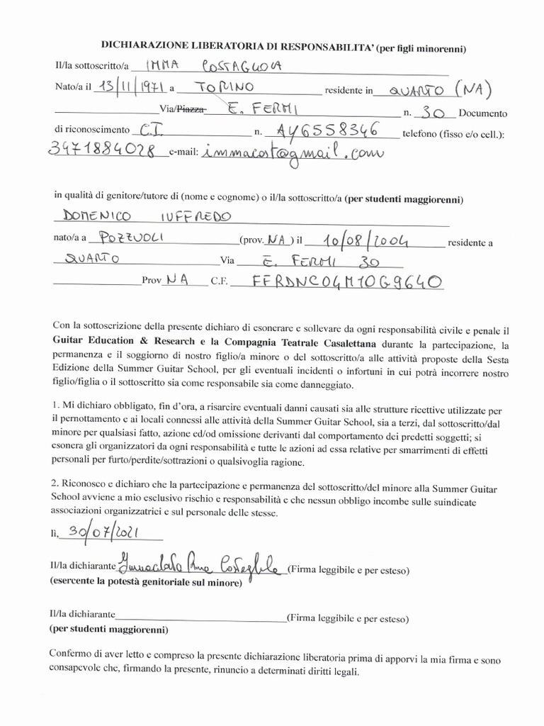 Dichiarazione Liberatoria | PDF