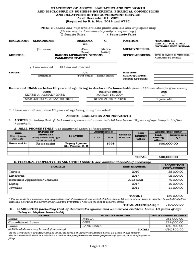 SALN 2020 Blank | PDF | Net Worth | Taxes