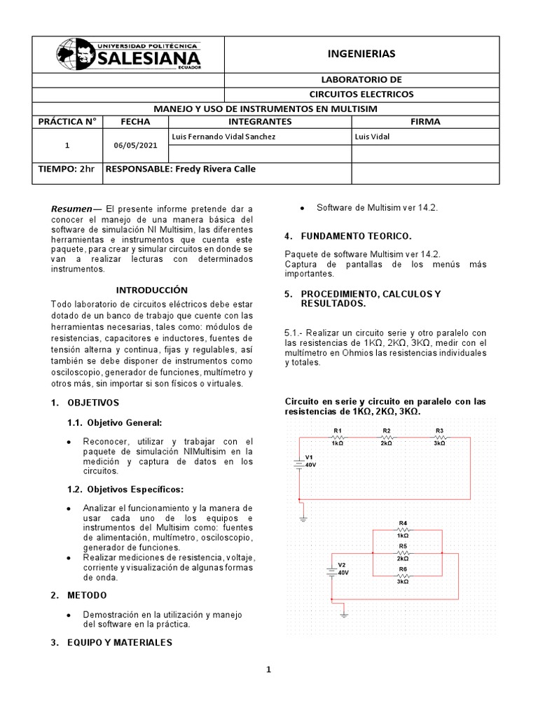 Uso Básico de Multisim en Circuitos | PDF | Resistencia Eléctrica y ...
