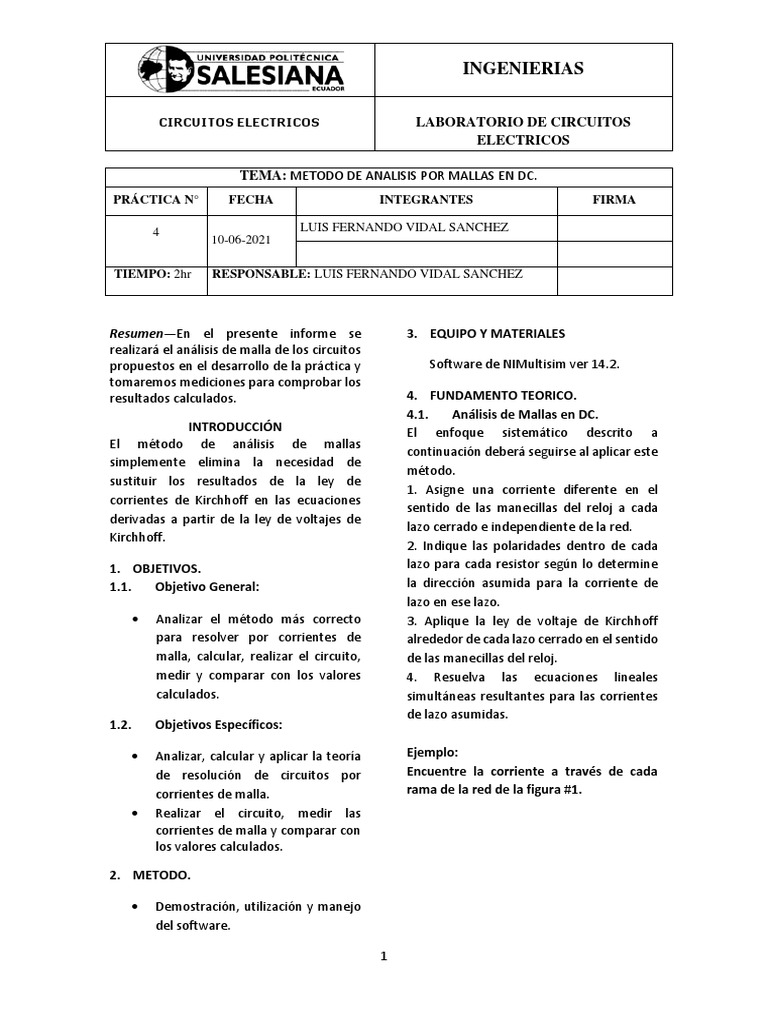 LabCirc Pract4 Mallas DC | PDF | Corriente eléctrica | Red eléctrica