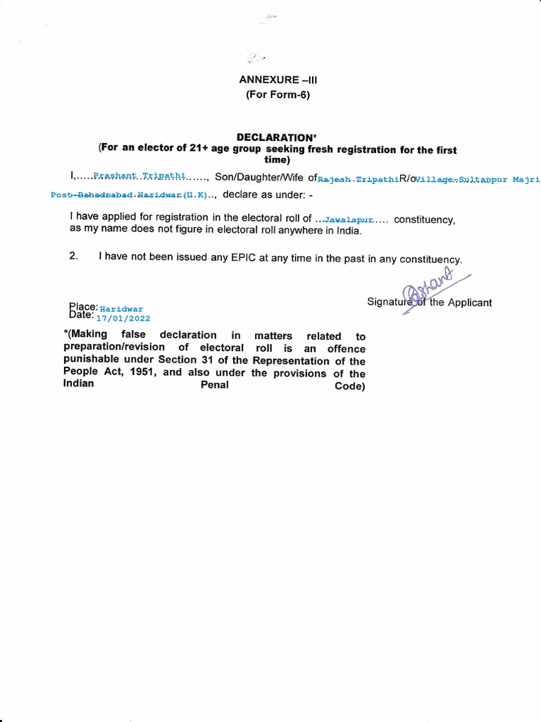 Age Declaration Form for Voter ID | PDF