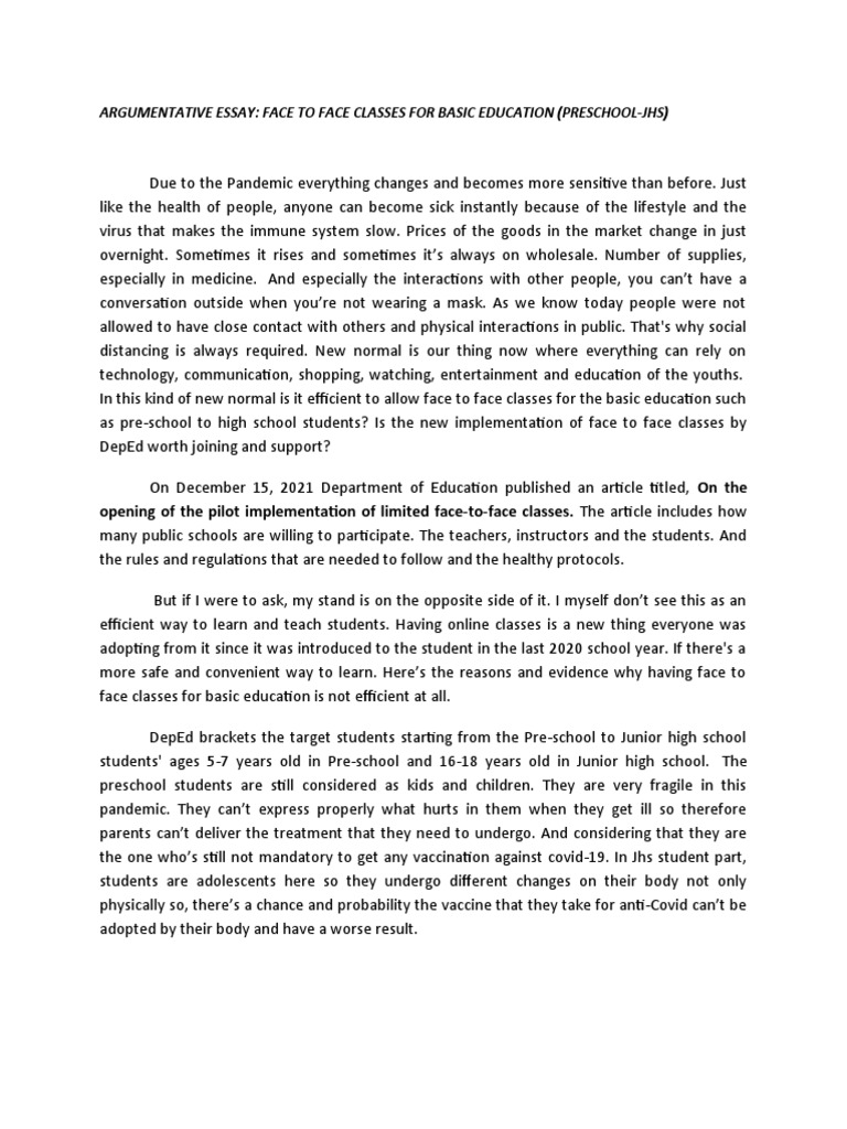Argumentative Essay: Face To Face Classes For Basic Education ...
