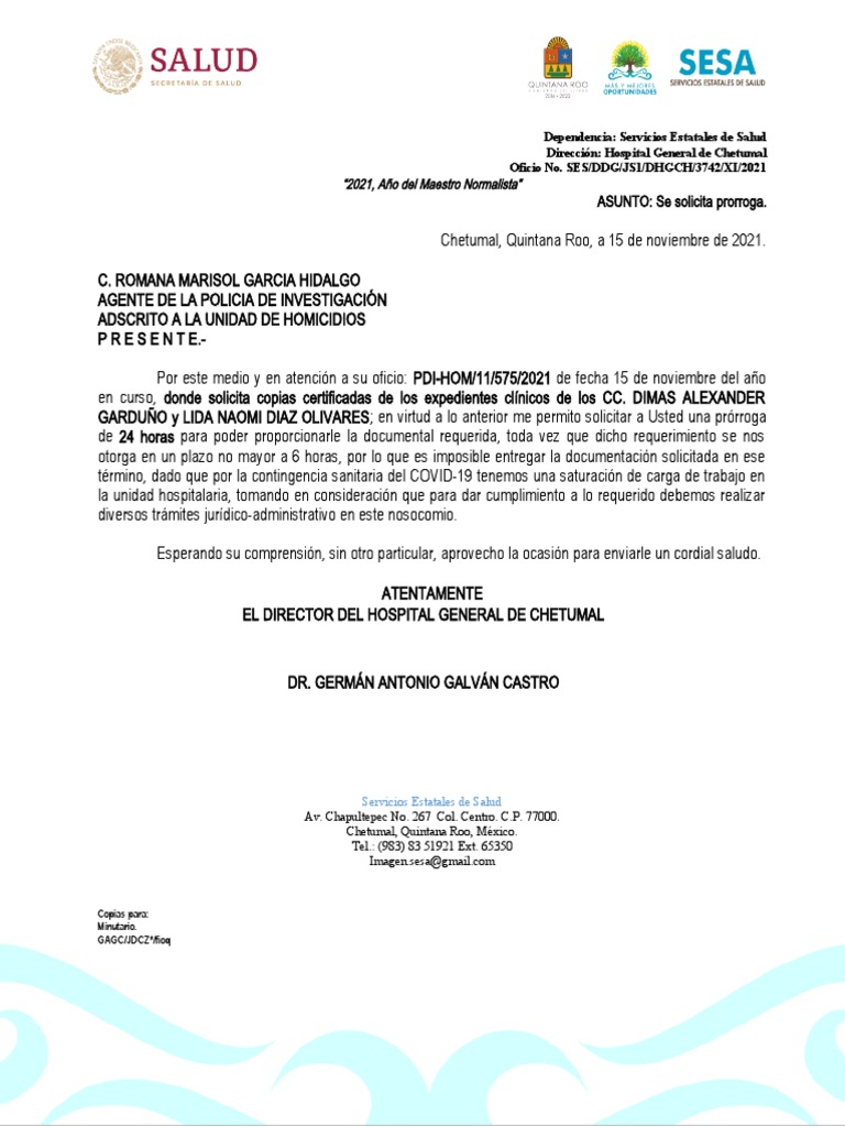 Oficio Sesa 3742-2021 Prorroga C. Romana Marisol Garcia Hidalgo | PDF