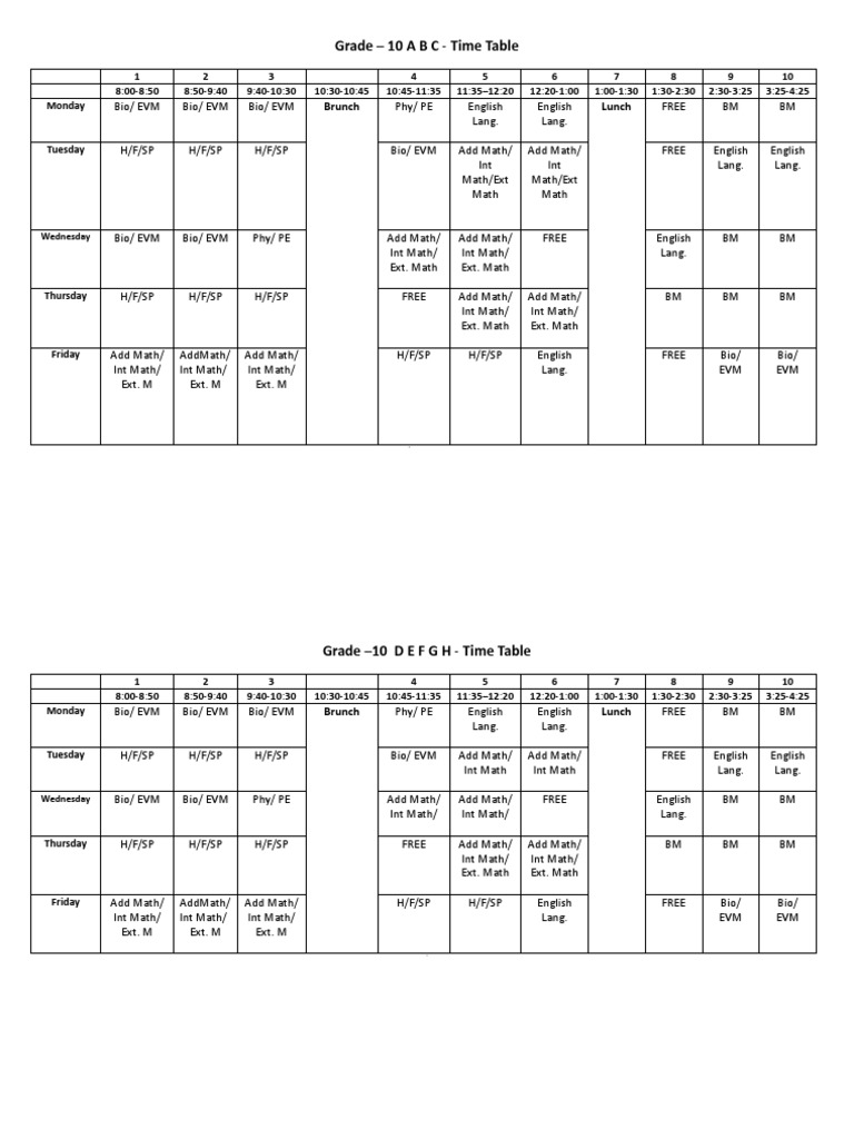 Grade - 10 Timetable | PDF