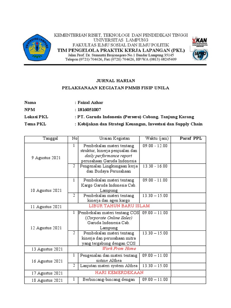 Contoh Jurnal Harian Magang | PDF