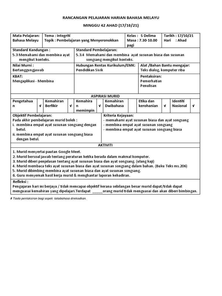 Rancangan Pelajaran Harian Bahasa Melayu MINGGU 42 AHAD (17/10/21) | PDF