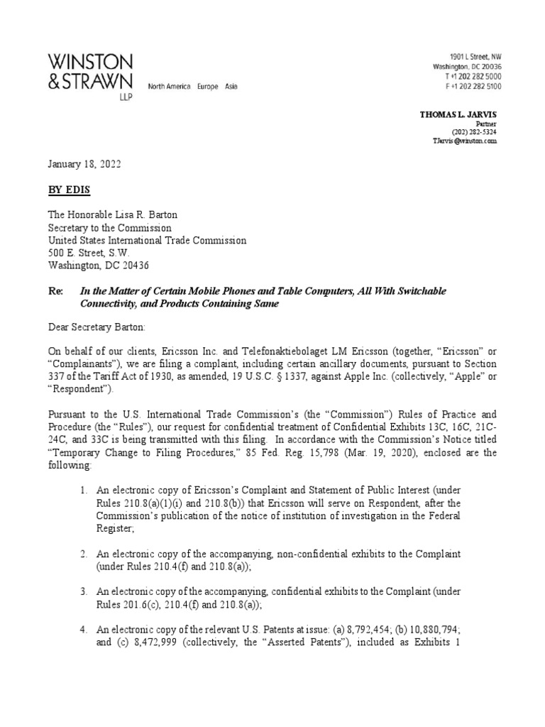 22-01-18 Ericsson v. Apple Another Non-SEP ITC Complaint | PDF ...