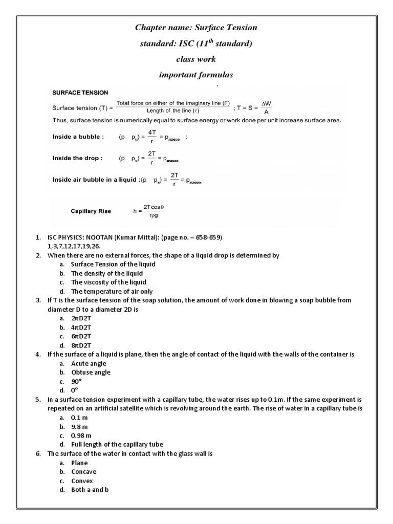 Chapter Name: Surface Tension Standard: ISC (11 Standard) Class Work ...