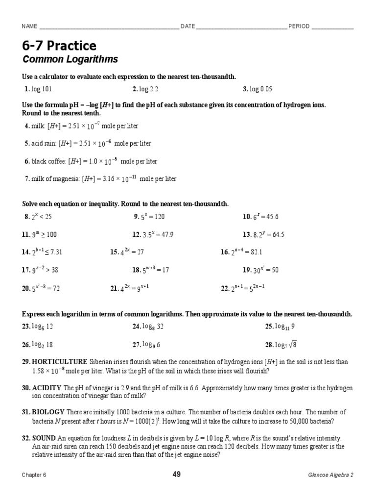 Practice Worksheet Common Logarithms | PDF | Ph | Logarithm