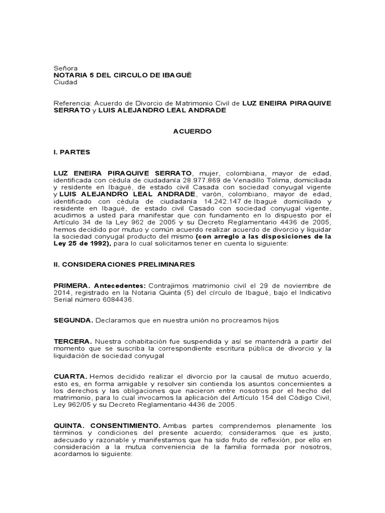 Acuerdo de Divorcio | PDF | Divorcio | Propiedad de la comunidad