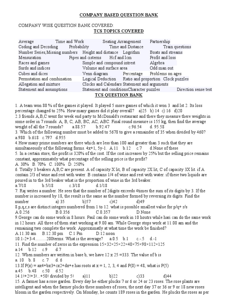 TCS Question Bank for Competitive Exams | PDF | Area | Numbers