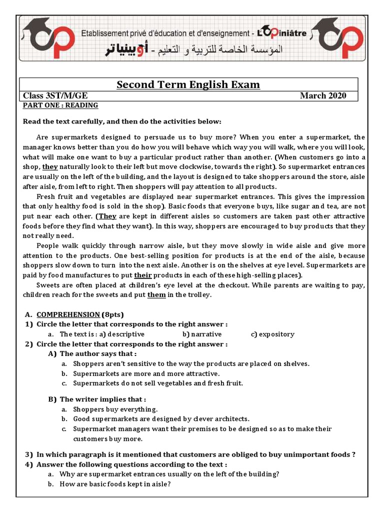 Dzexams 3as Anglais As - E2 20201 814508 | PDF | Supermarket | Syntax