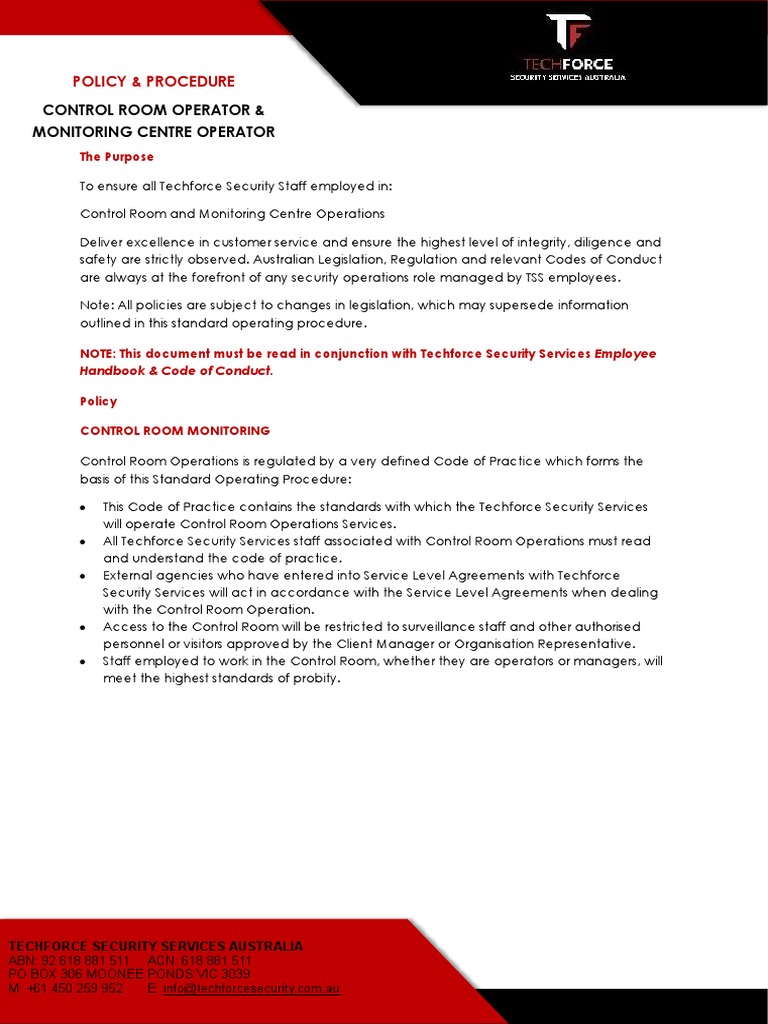 Techforce Control Room Operator & Monitoring Centre Operator Sops | PDF ...