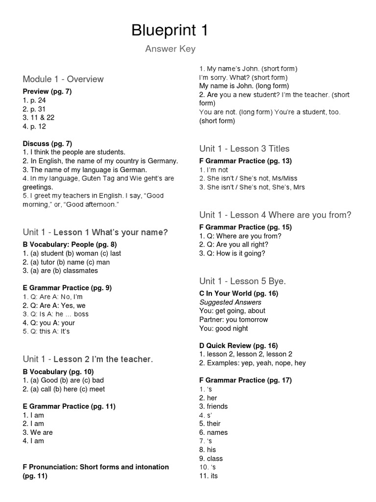 Blueprint 1: Answer Key | PDF | Classroom | Menu