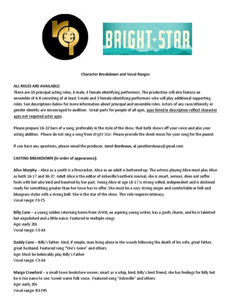 Bright Star Character Breakdown | PDF | Performing Arts