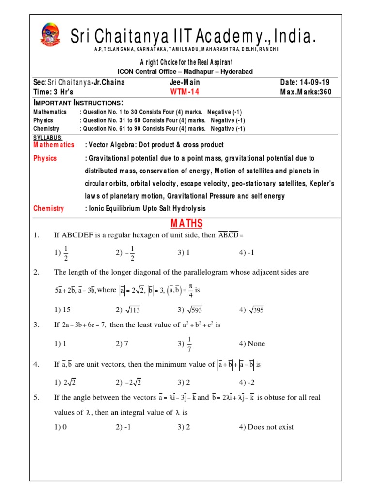 14-09-19 Sri Chaitanya JR - Chaina Jee-Main WTM-14 Q.P | PDF | Orbit | Acid