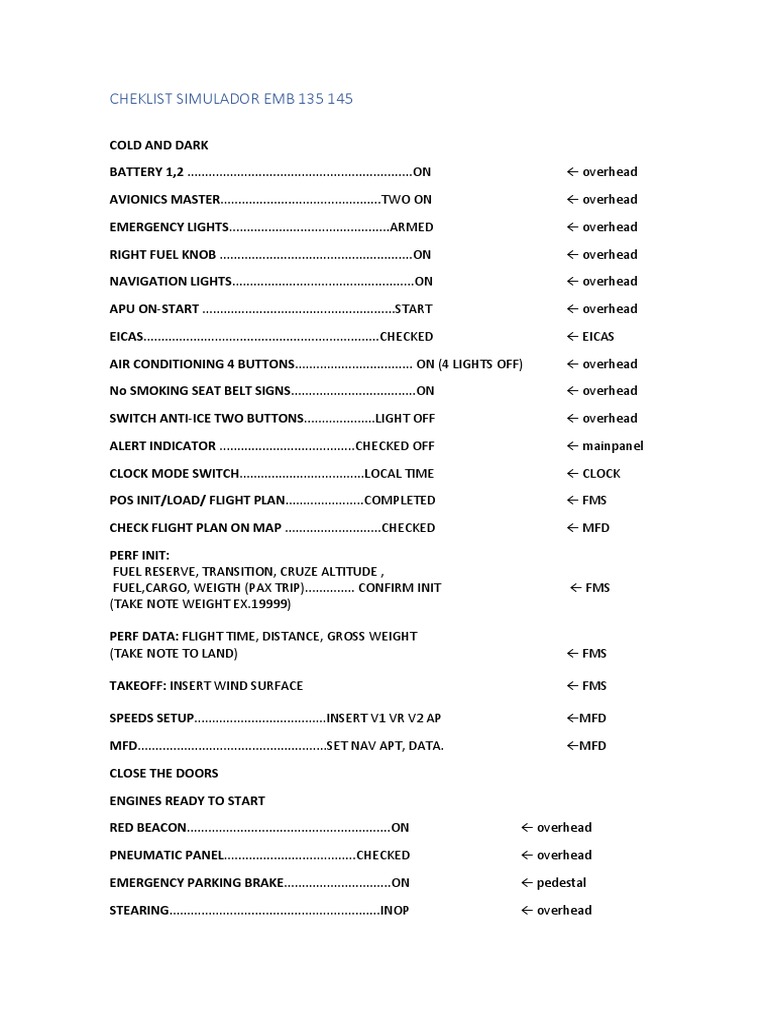 EMB 135/145 Simulator Checklist | PDF | Systems Engineering | Automation