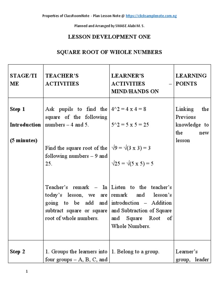Lesson Development One Square Root of Whole Numbers | PDF ...