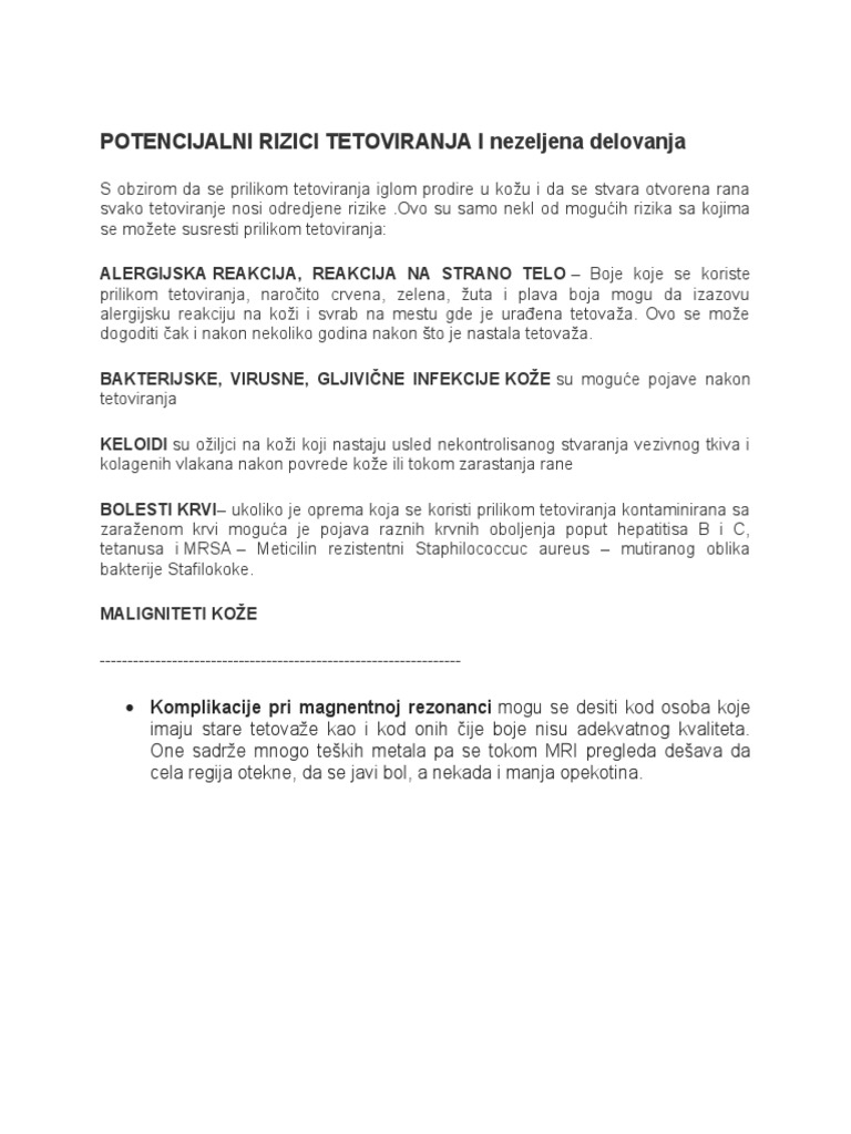Potencijalni Rizici Tetoviranja I Nezeljena Delovanja | PDF