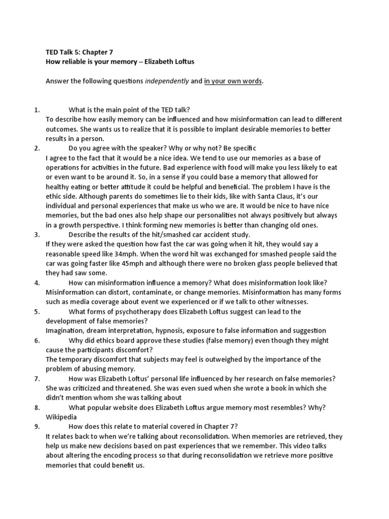 TED Talk 5: Chapter 7 How Reliable Is Your Memory - Elizabeth Loftus ...