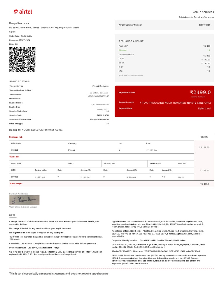 Recharge Amount: Mobile Services | PDF | Invoice | Stored Value Card