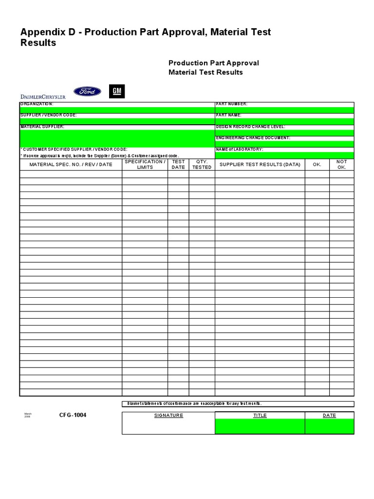 Appendix D - Production Part Approval, Material Test Results | PDF