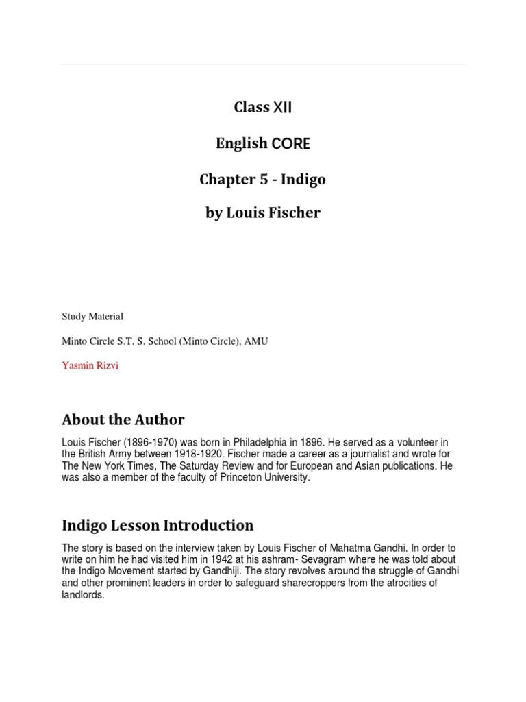 Class XII English CORE Chapter 5 - Indigo by Louis Fischer | PDF ...