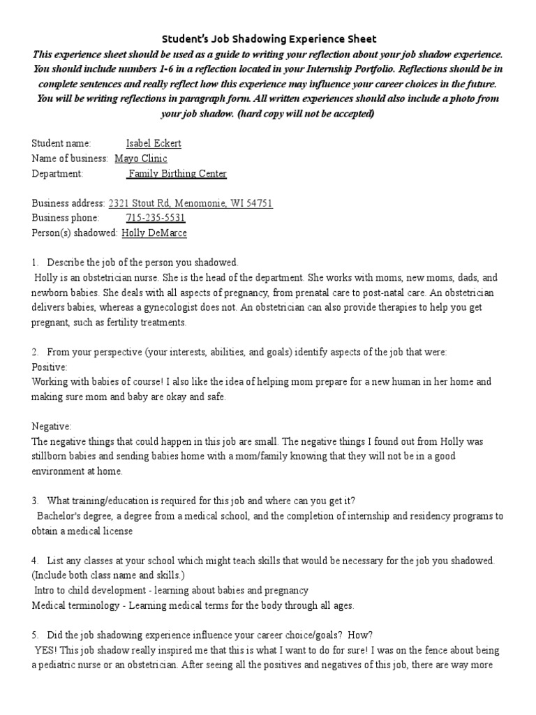 Job Shadow Experience Sheet | PDF | Pregnancy | Nursing