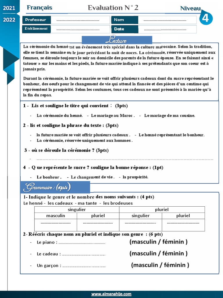 Évaluation de français 4ème primaire | PDF | Genre grammatical | Nombre ...