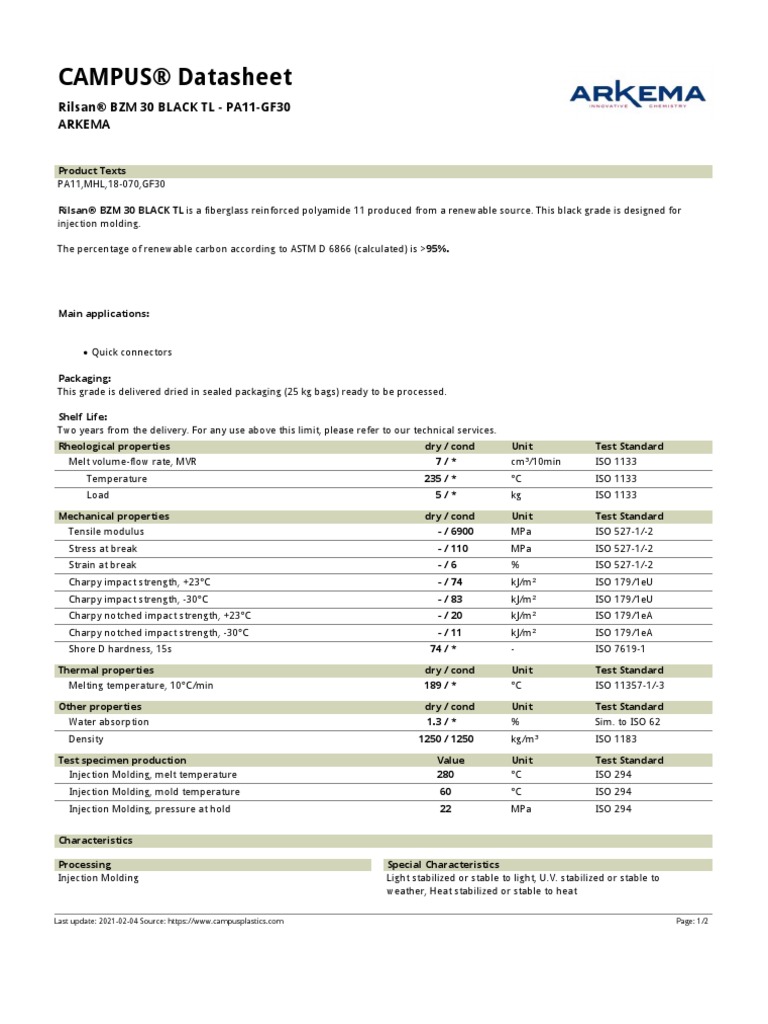 CAMPUS® Datasheet: Rilsan® BZM 30 BLACK TL - PA11-GF30 Arkema ...